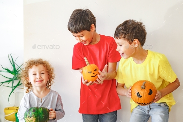Three children real siblings brothers sister standing together near ...