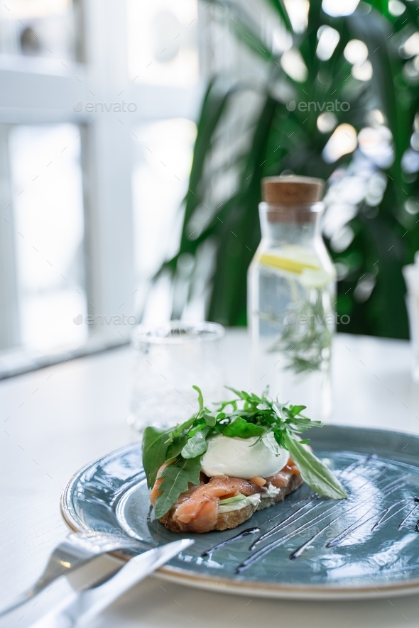 healthy food, tos with slightly salted fish and poached egg Stock Photo ...