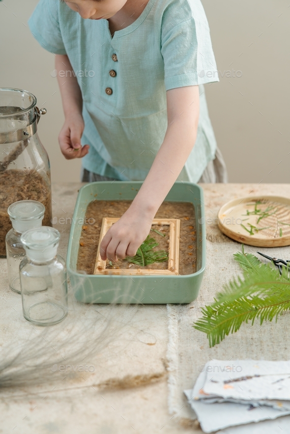 Sheet formation by handmade mould and deckle from paper pulp and dry ...