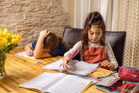 Two teen girls of ten years old children at home lessons, homeschooling, lectures, elementary ...