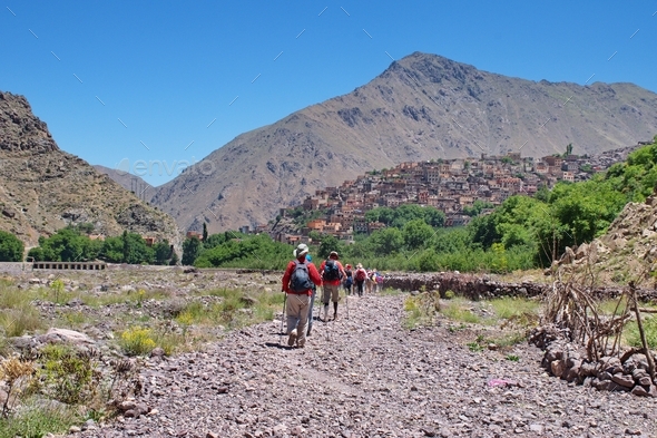 Hiking in High Atlas mountains in Morocco. Townscape of Imlil in the ...