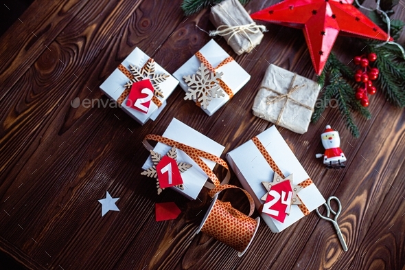 Gift boxes. Making an Advent calendar for Christmas Stock Photo by ...