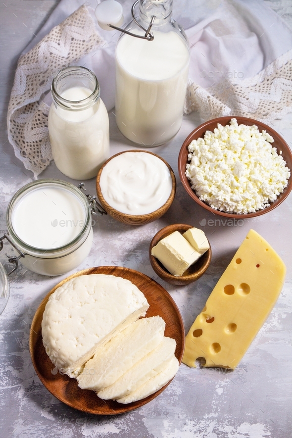 Set of different dairy products (milk, sour cream, cottage cheese ...