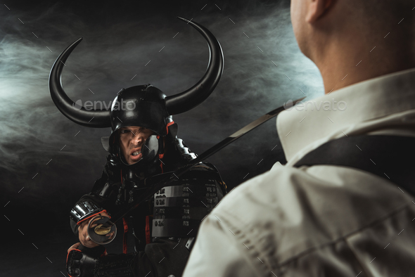 angry samurai with katana ready to kill modern man Stock Photo by ...