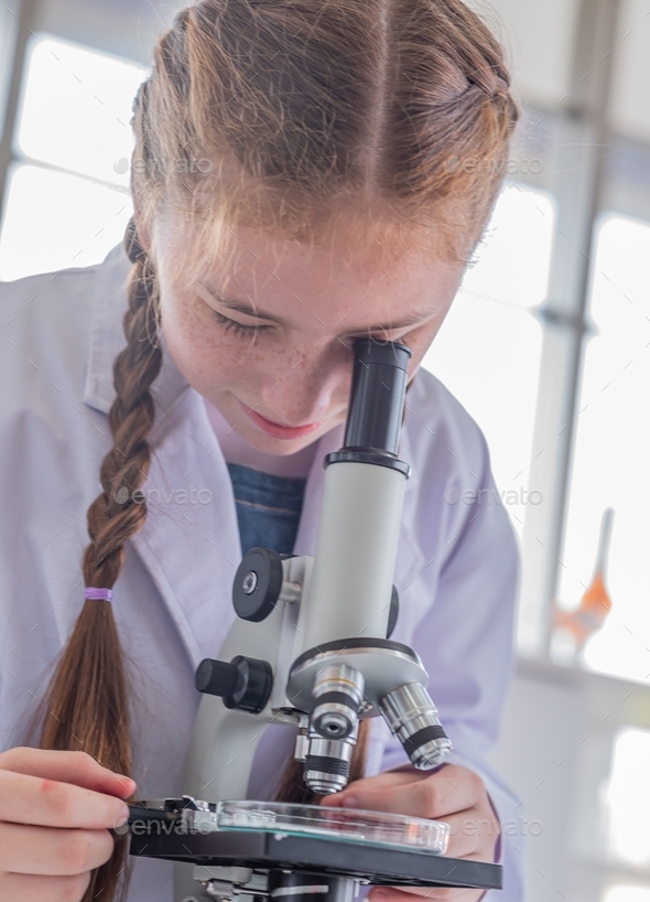 children woman study science subjects and use Microscope Stock Photo by ...