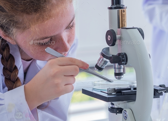 children woman study science subjects and use Microscope Stock Photo by ...