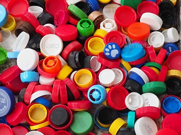 Coloured bottle caps prepared for recycling, plastic waste Stock Photo ...