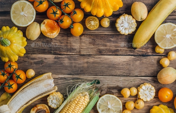 Yellow fruits and vegetables. Food background Stock Photo by YMikhaylova