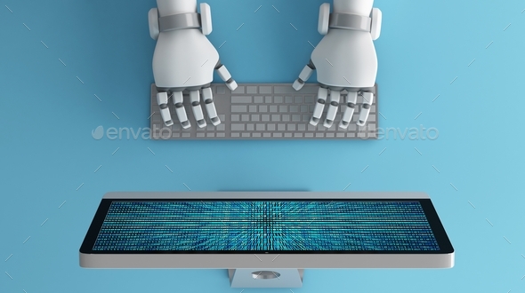 Top view of Robot hands using keyboard in front of a computer monitor with binary number code ...