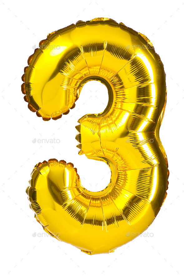 Helium golden balloon number three, 3. Isolated on white Stock Photo by ...