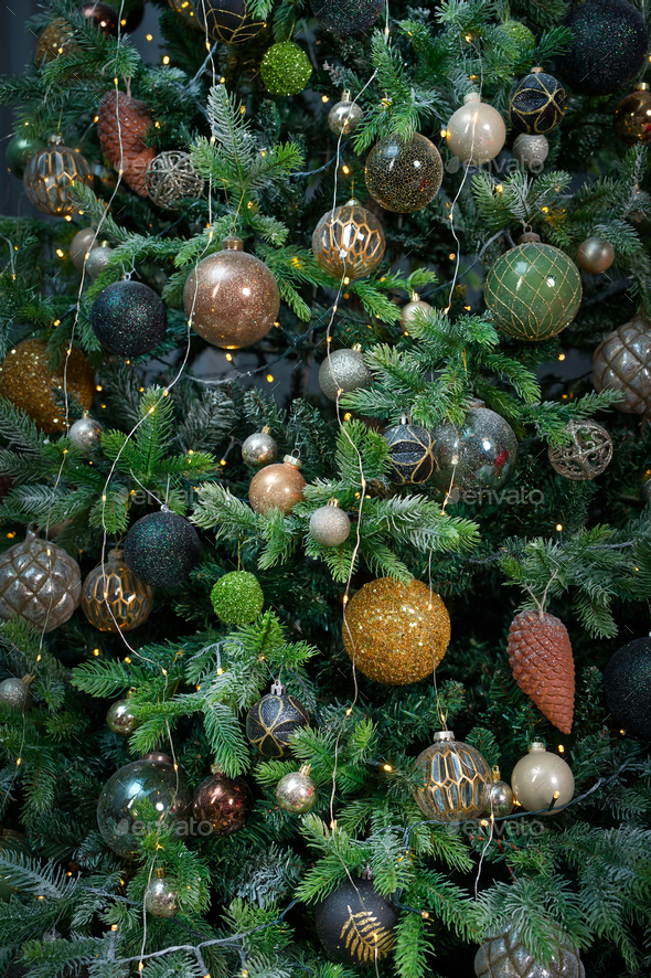 Christmas tree background. Cloce-up Beautiful Christmas tree with decor ...