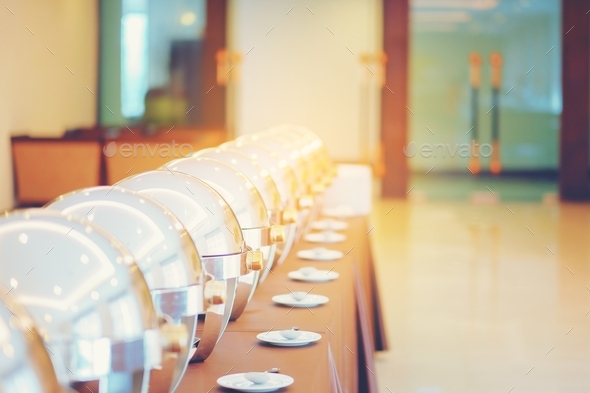 Many buffet heated trays ready for service, Catering buffet food indoor ...