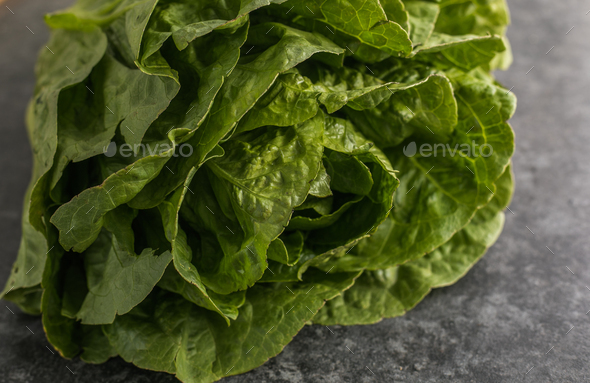 Healthy food, green leaf lettuce salad top view Stock Photo by sokorspace
