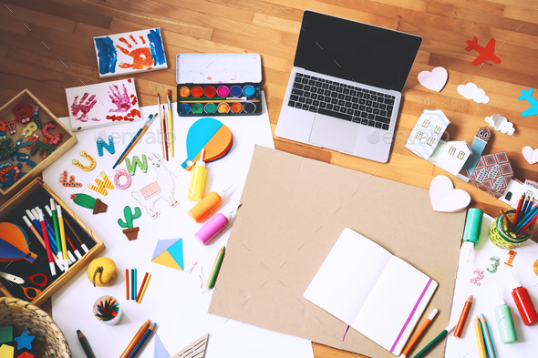 Concept of children distance online learning or making crafts. Stock ...