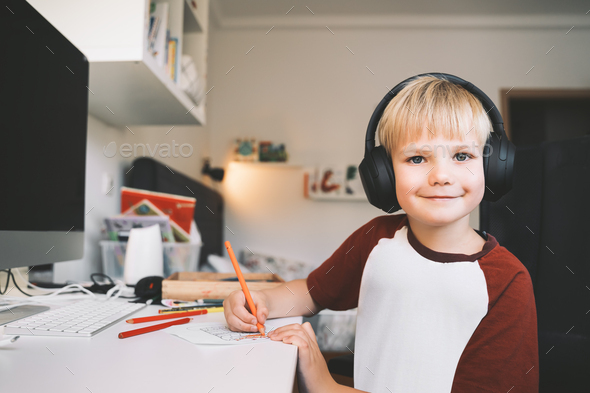 Children distance education concept. Kids online learning. Stock Photo ...