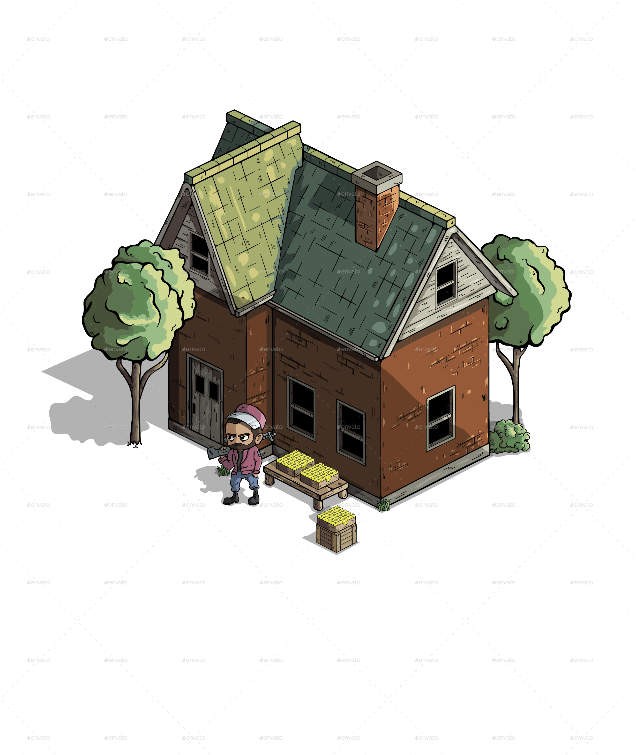 Countryside House Illustration with assets, Vectors | GraphicRiver