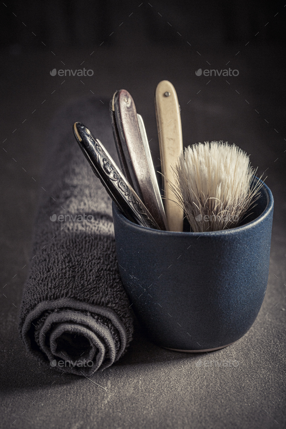 Vintage and classic shave set with razor and brush. Stock Photo by Shaiith