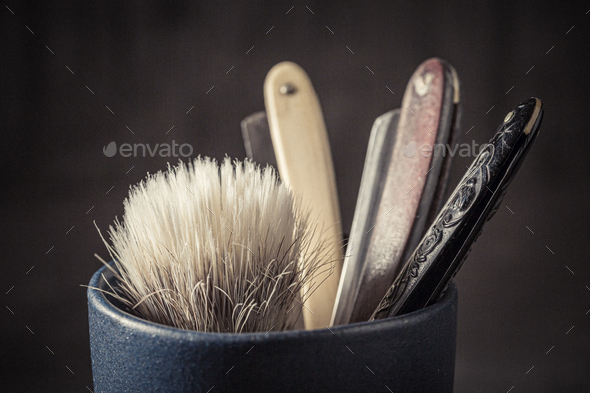 Antique and traditional tools for shave with razor and brush. Stock ...