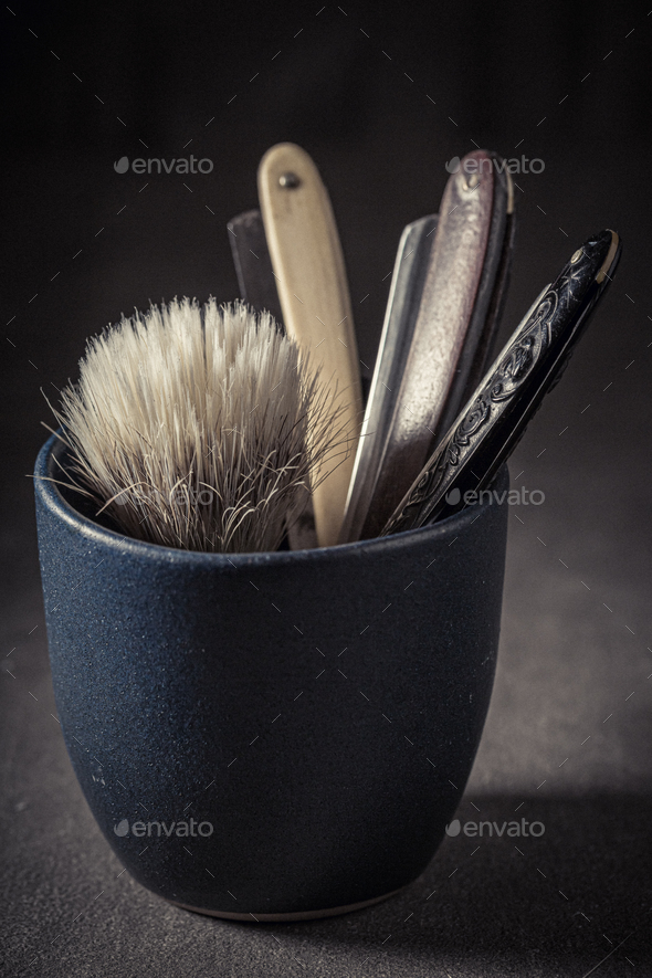 Vintage and classic shave set with foam and brush. Stock Photo by Shaiith