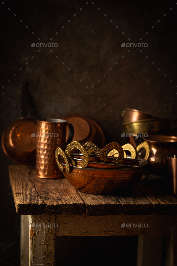 Vintage copper dishes Stock Photo by ipolly80 | PhotoDune