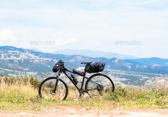 Bikepacking bike in a hilly landscape. Concept: cycle-tourism ...