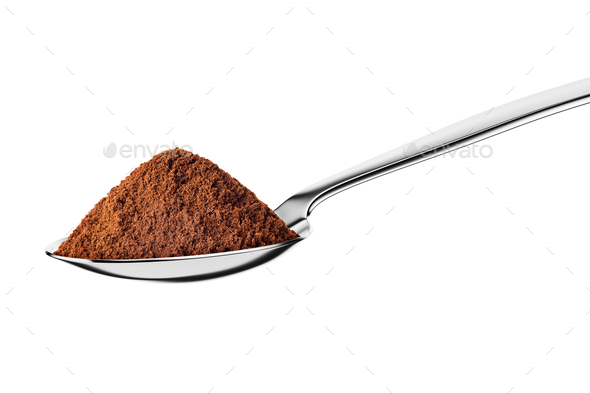 Teaspoon with ground coffee isolated on white. Stock Photo by Ha4ipuri