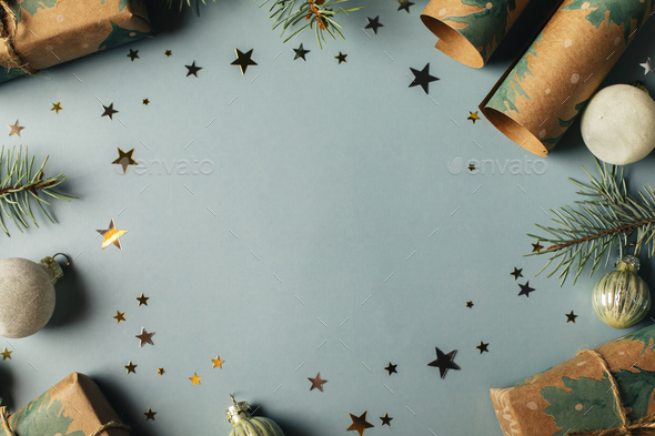 Christmas card frame with fir tree, gift boxes and Christmas decor on ...