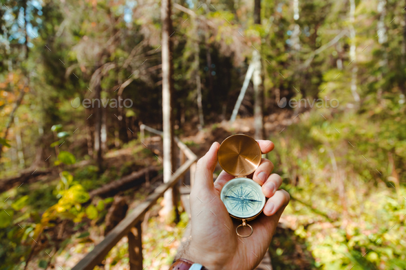 Hand with compass in forest terrain. POV Travel concept Stock Photo by ...
