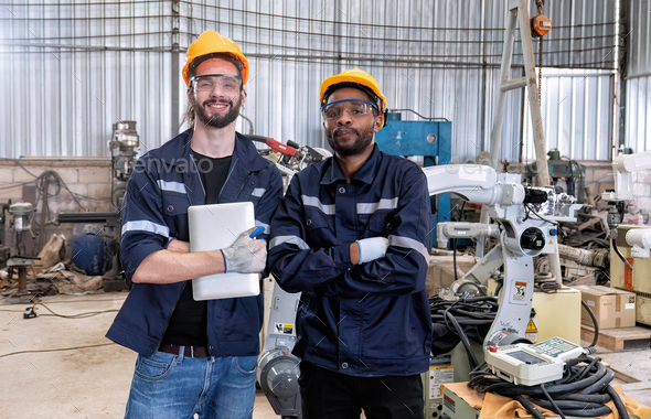 In robotic repair shop engineer happy check-hand after completed ...