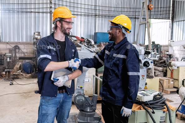 In robotic repair shop engineer happy check-hand after completed ...