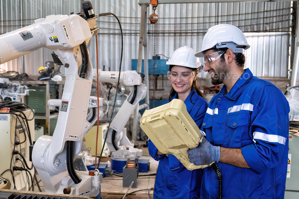In robotic training center instructor teaching girl engineer how to ...