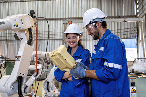 In robotic training center instructor teaching girl engineer how to ...