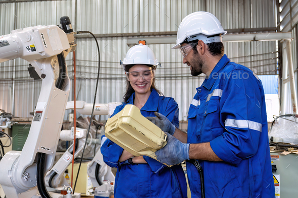 In robotic training center instructor teaching girl engineer how to ...