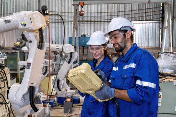 In robotic training center instructor teaching girl engineer how to ...