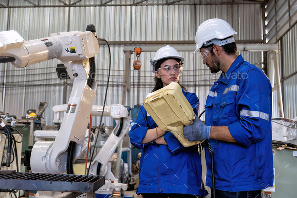 In robotic training center instructor teaching girl engineer how to ...