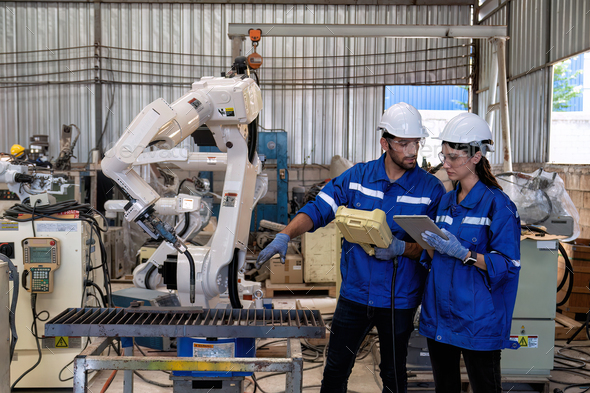 In robotic training center instructor use tablet pc teach girl engineer how to program robot arm ...