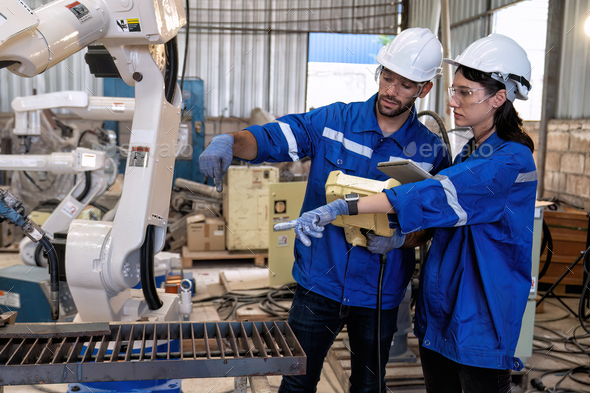 In robotic training center instructor use tablet pc teach girl engineer ...
