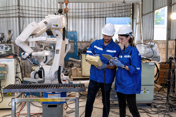 In robotic training center instructor use tablet pc teach girl engineer how to program robot arm ...