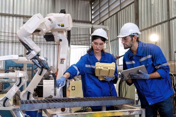 In robotic training center instructor use tablet pc teach girl engineer ...