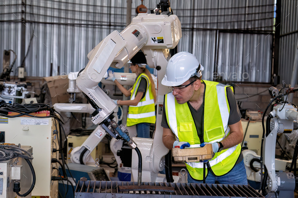 In robotic maintenance shop engineer busy commissioning and operate ...