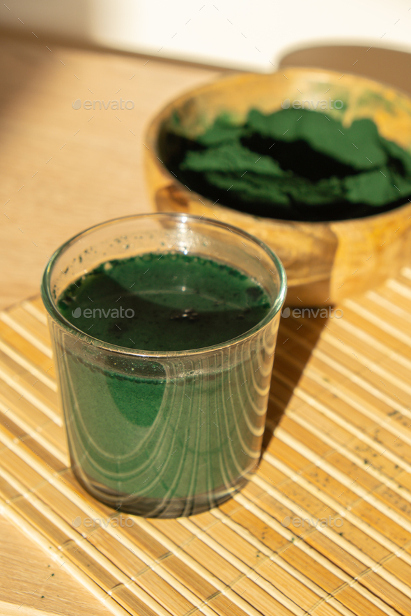 Blue-green algae Chlorella and spirulina powder. Super powder. Natural ...