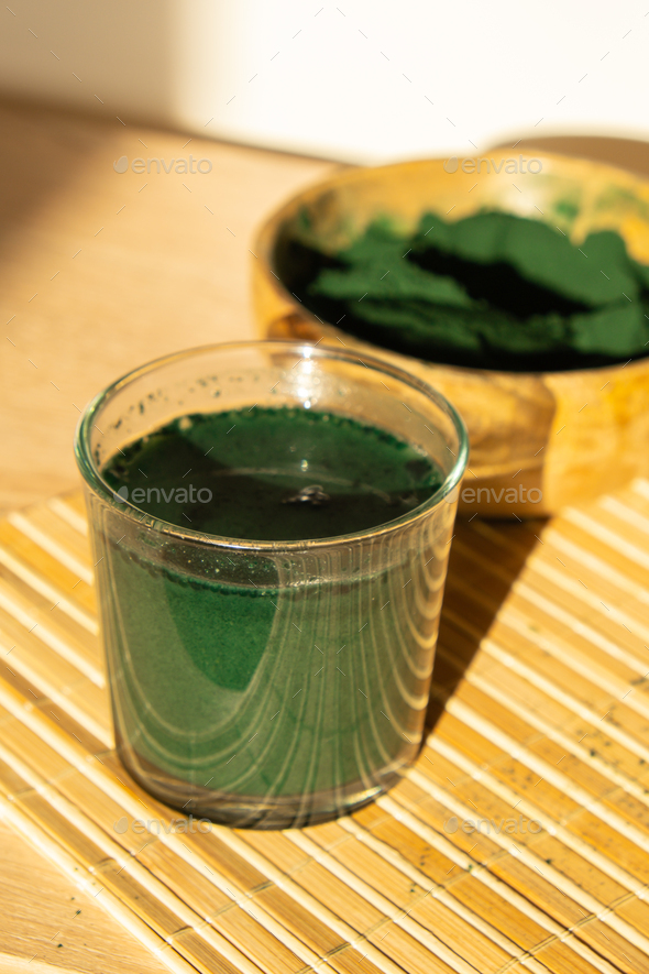 Blue-green algae Chlorella and spirulina powder. Super powder. Natural ...