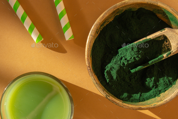 Blue-green algae Chlorella and spirulina powder. Super powder. Natural ...