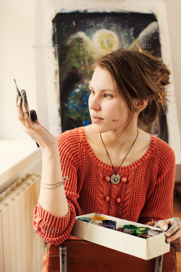 Portrait of beautiful woman artist with positive emotion Stock Photo by ...