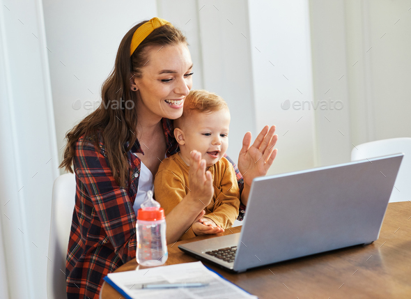 mother baby laptop computer child woman working business parent mom ...