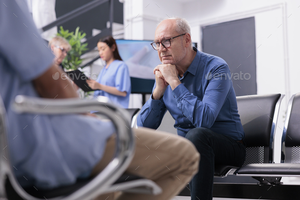 Stressed exhausted elderly patient waiting for disease expertise in ...