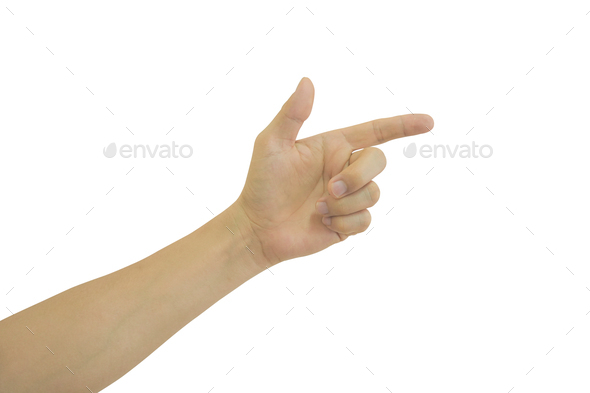 Man's hand pointing at something isolated on white background. Include ...