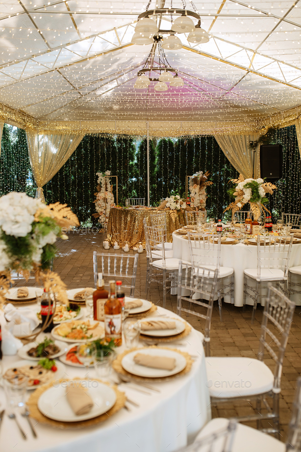 Banquet hall for weddings, banquet hall with atmospheric decor Stock ...