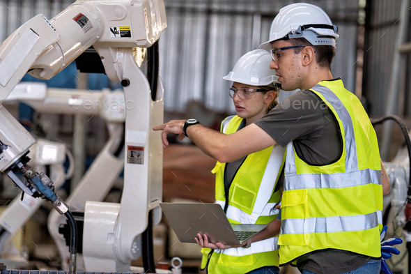 In robotic training instructor teach girl engineer to program robot arm ...