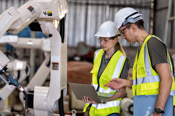 In robotic training instructor teach girl engineer to program robot arm ...